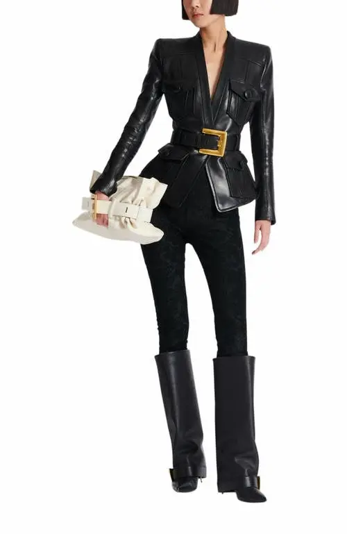 Balmain 1-button Belted Leather Jacket - Black
