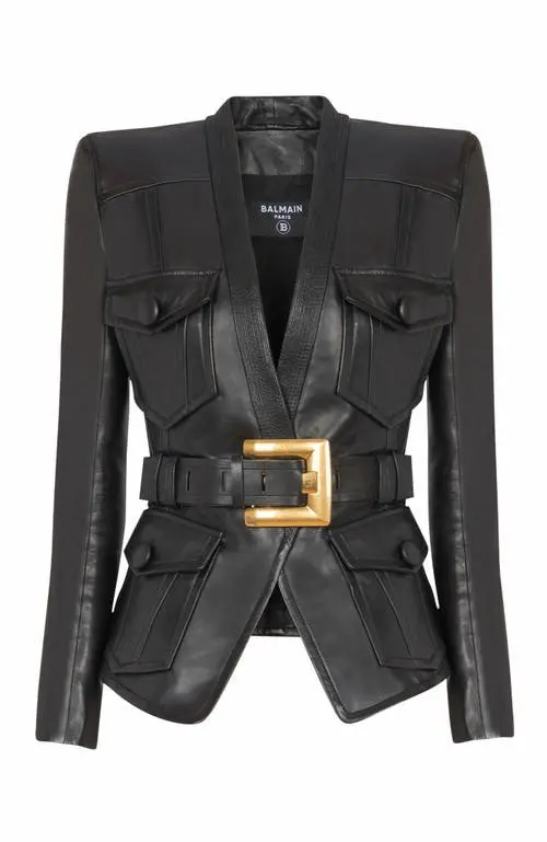 Balmain 1-button Belted Leather Jacket - Black