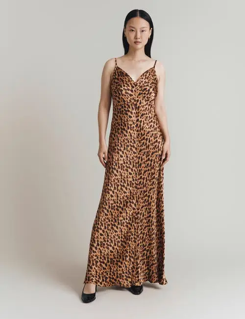 GHOST LONDON Eden Leopard Satin Maxi Slip Dress - Leopard Print