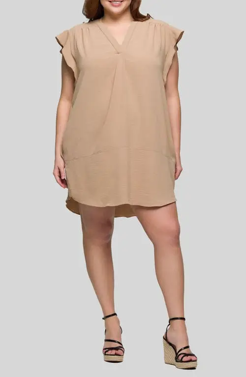 24SEVEN COMFORT APPAREL Flutter Cap Sleeve Shift Dress - Beige