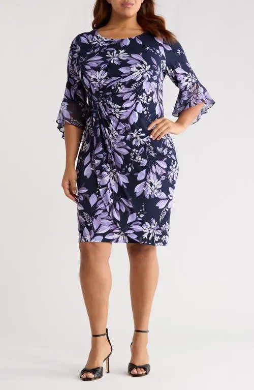 CONNECTED APPAREL Floral Faux-wrap Midi Dress With Bell Sleeves - Lilac