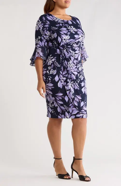CONNECTED APPAREL Floral Faux-wrap Midi Dress With Bell Sleeves - Lilac