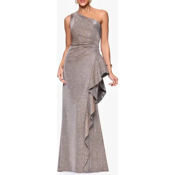 XSCAPE EVENINGS One-shoulder Ruffle Detail Glitter Knit Gown - Sand