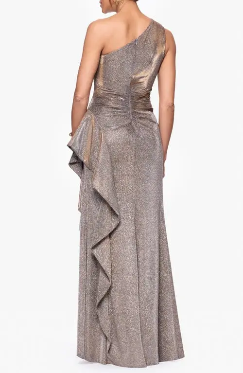 XSCAPE EVENINGS One-shoulder Ruffle Detail Glitter Knit Gown - Sand