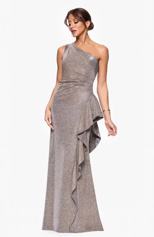 XSCAPE EVENINGS One-shoulder Ruffle Detail Glitter Knit Gown - Sand