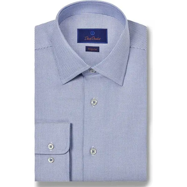 David Donahue Regular Fit Micropattern Cotton Dobby Dress Shirt - Blue/ White