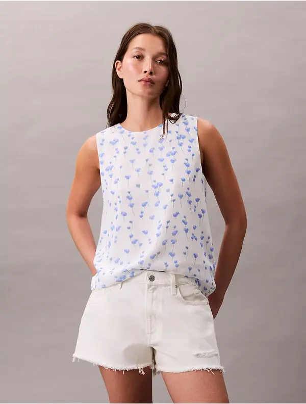 Calvin Klein Printed Chiffon Sleeveless Top - Antique White