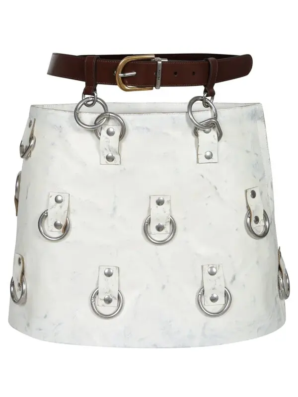 Prada Marble-effect Skirt With Leather Belt - White