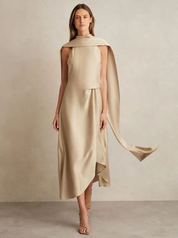 REISS Michelle Satin Tuck-detail Cape Midi Dress - Champagne Neutral