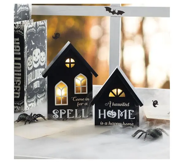 GLITZHOME 8'h Lighted Halloween Spooky Houses T Able Decor S/2 - One-color