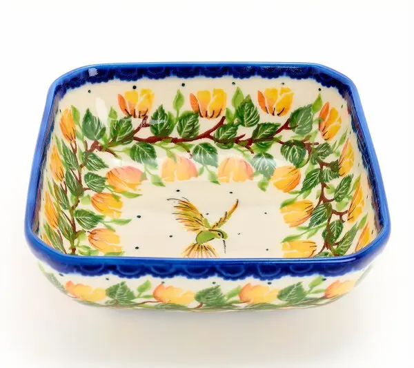 LIDIA'S POLISH POTTERY Hand Painted Small Square Bowl - One-color