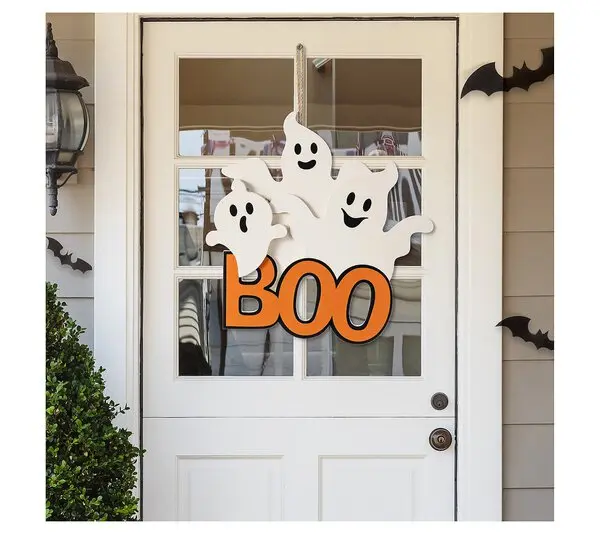 GLITZHOME 14'h Halloween Wooden Ghost Boo Door Anger - One-color