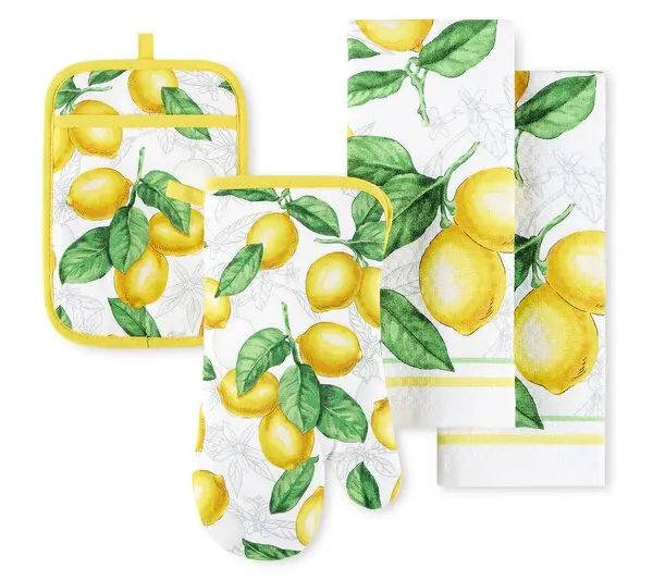 MARTHA STEWART Lemons Towel, Oven Mitt & Pot Ho Lder 4-pack Set - One-color
