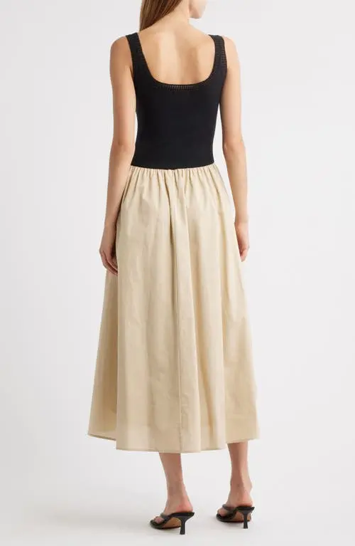 Moon River Square Neck Mixed Media Midi Dress