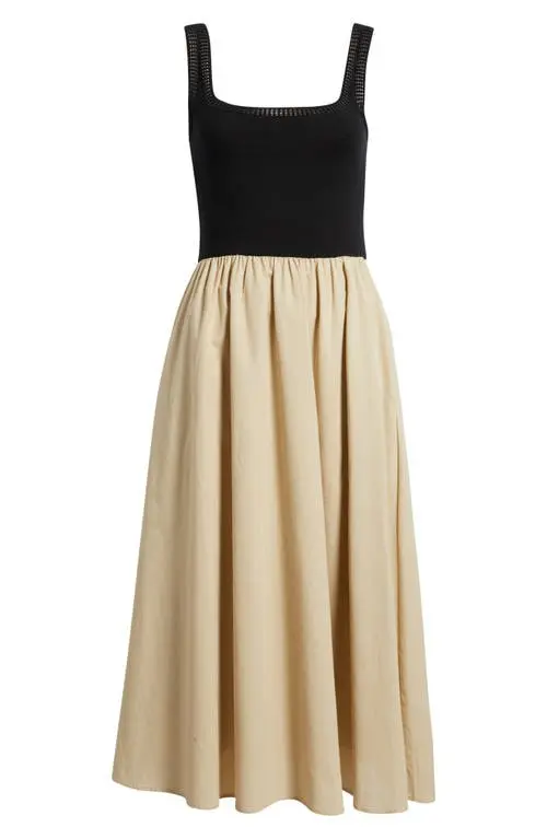 Moon River Square Neck Mixed Media Midi Dress