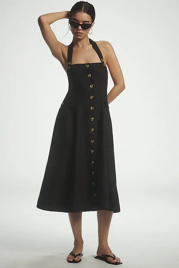 Mille Isla Linen Halter Midi Dress In Black - 65% Off | Editorialist