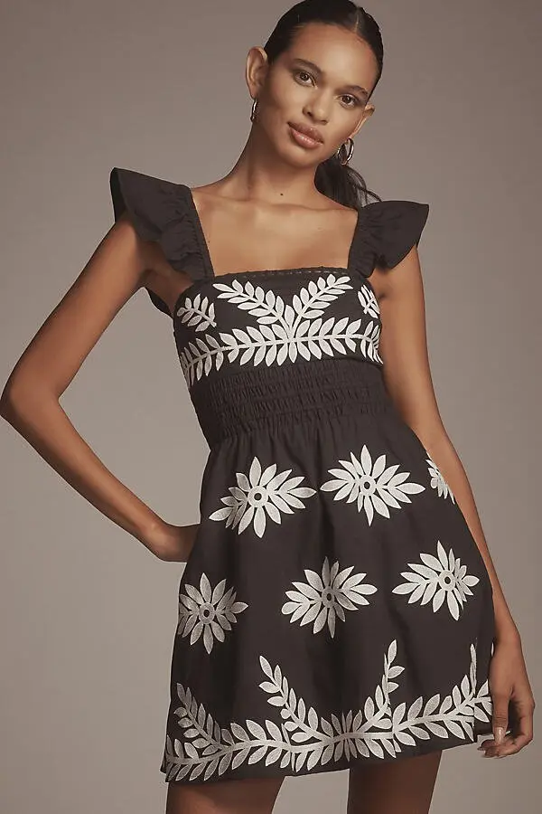 Anthropologie Ruffle-Strap Embroidered Smocked Mini Dress In Anthracite  Combo - 66% Off