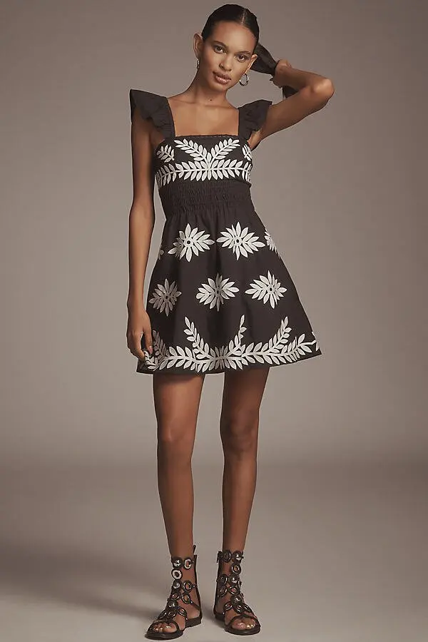 Anthropologie Ruffle-Strap Embroidered Smocked Mini Dress In Anthracite  Combo - 67% Off | Editorialist