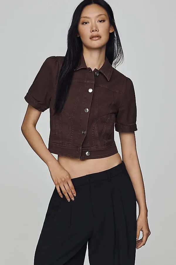 Maeve Puff-sleeve Crop Denim Jacket - Chocolate