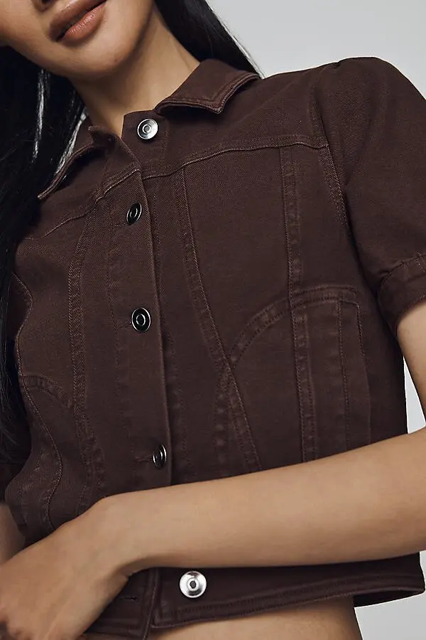Maeve Puff-sleeve Crop Denim Jacket - Chocolate