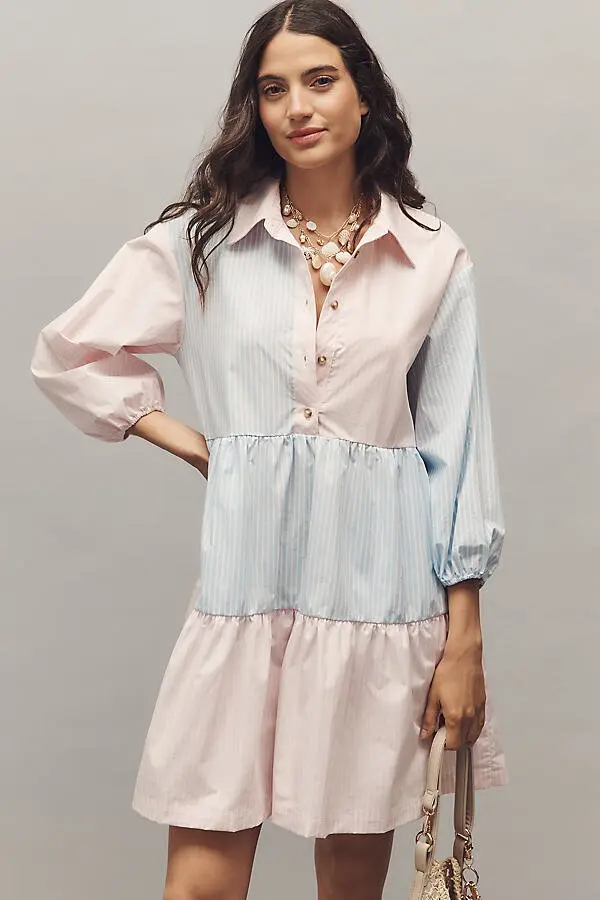 Anthropologie Maeve The Bettina Stripe Mix Tiered Mini Shirt Dress In Blue  & Pink Stripe - 62% Off | Editorialist