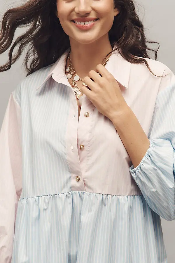 Anthropologie Maeve The Bettina Stripe Mix Tiered Mini Shirt Dress In Blue  & Pink Stripe - 62% Off | Editorialist
