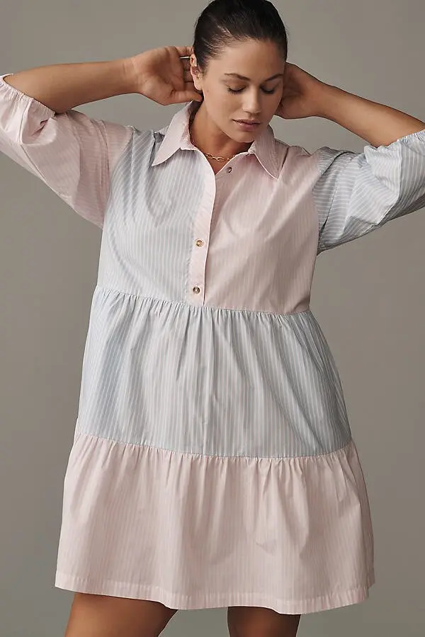 Anthropologie Maeve The Bettina Stripe Mix Tiered Mini Shirt Dress In Blue  & Pink Stripe - 62% Off | Editorialist
