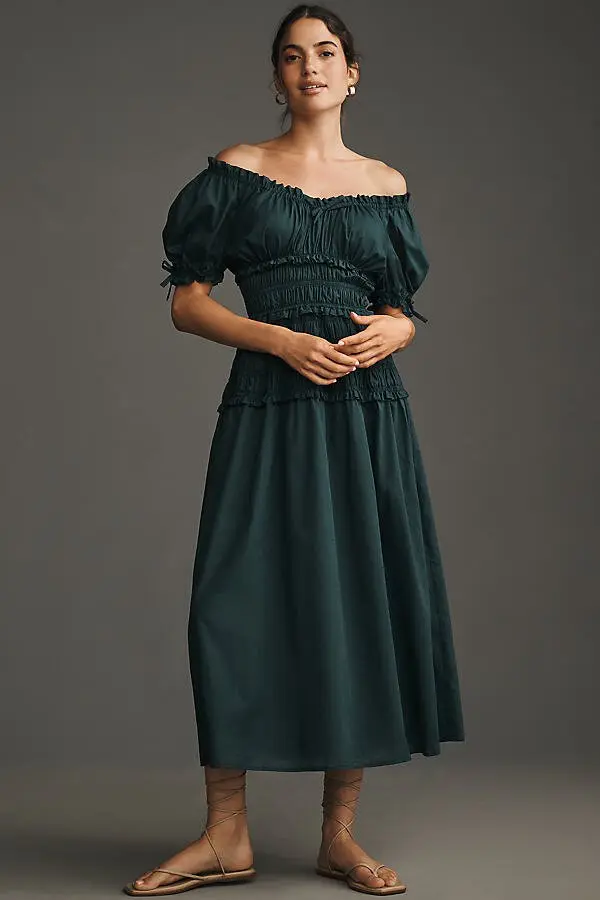 Hutch Short Sleeve Off-The-Shoulder Smocked Midi Dress In Teal - 34% Off |  Editorialist