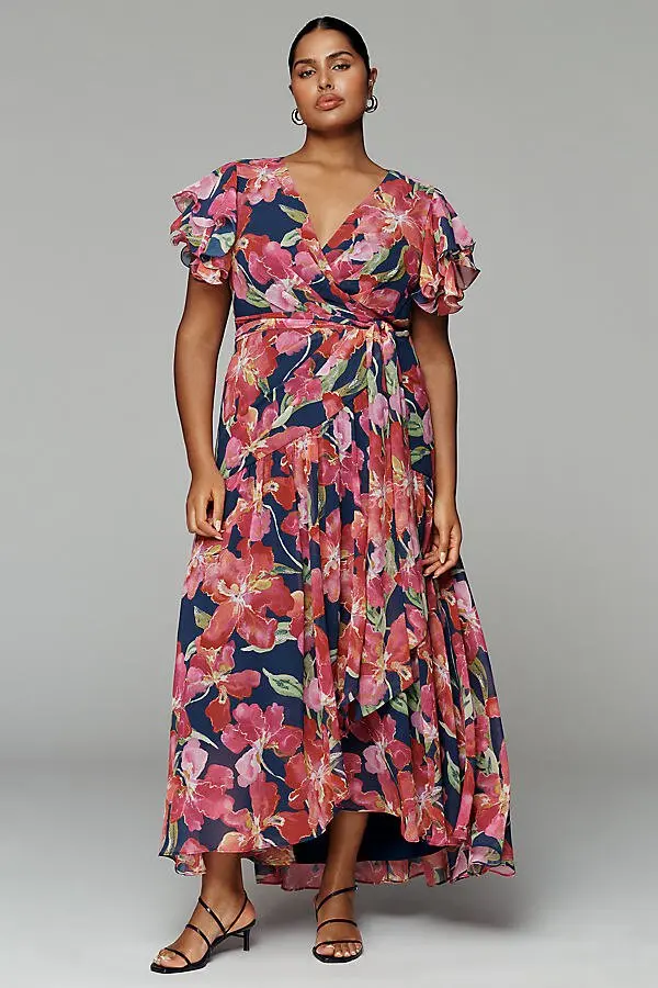 HUTCH Zola Short-sleeve Ruffle Wrap Midi Dress - Blue Floral