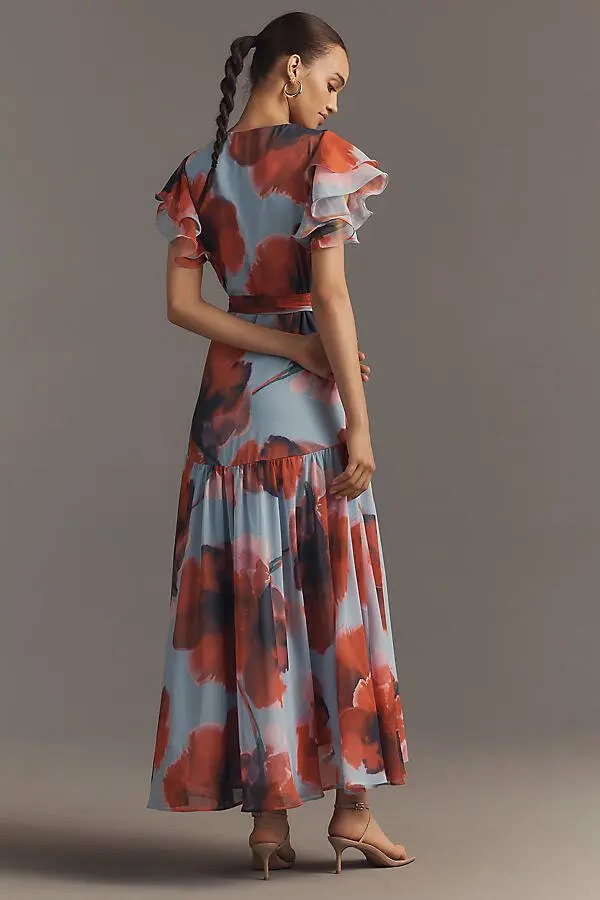 HUTCH Zola Short-sleeve Ruffle Wrap Midi Dress
