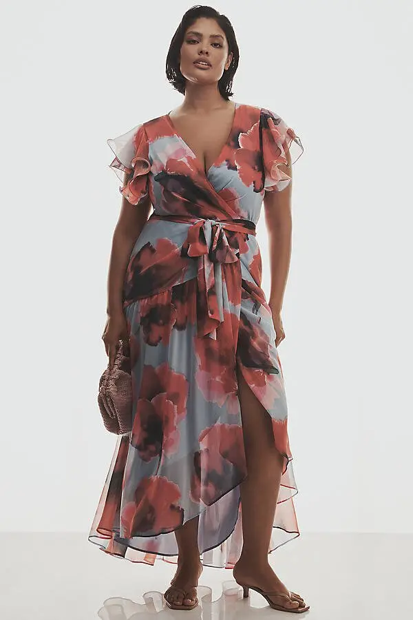 HUTCH Zola Short-sleeve Ruffle Wrap Midi Dress