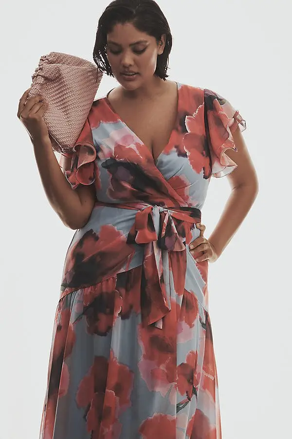 HUTCH Zola Short-sleeve Ruffle Wrap Midi Dress