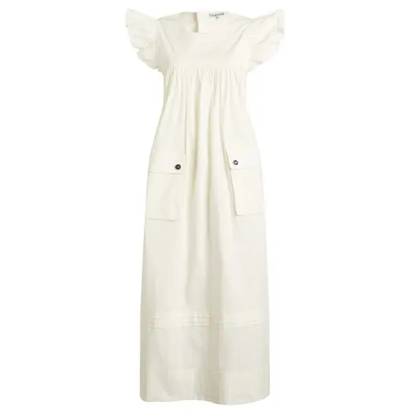 Ganni Stretch Cotton Frill Sleeve Dress - Egret | Editorialist