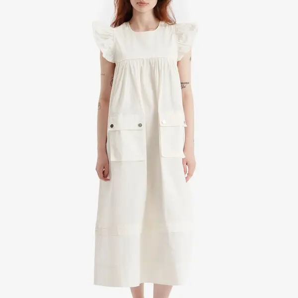 GANNI Stretch Cotton Frill Sleeve Dress - Egret
