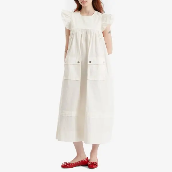 GANNI Stretch Cotton Frill Sleeve Dress - Egret