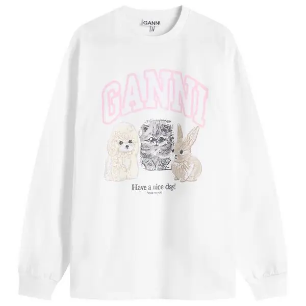 GANNI Re-cut Heavy Jersey Animals Long Sleeve Top - Bright White