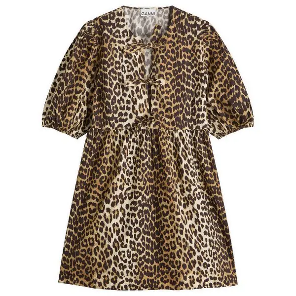Ganni Printed Cotton Mini Dress With Tie String - Leopard | Editorialist