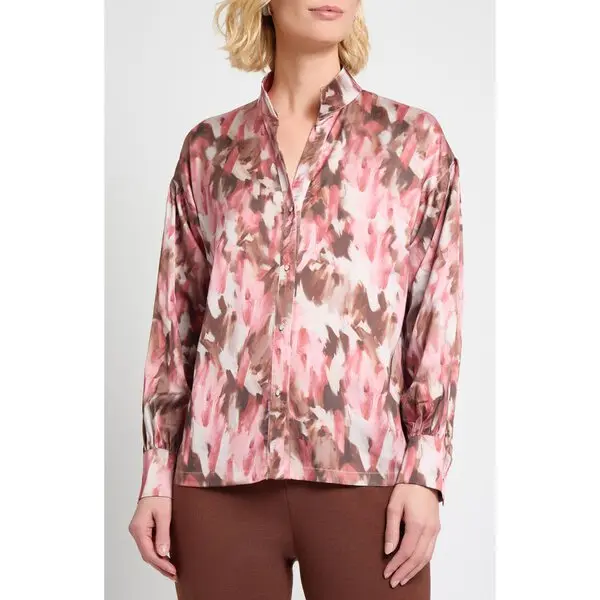 Misook Brushstroke Print Crêpe De Chine Button-up Shirt