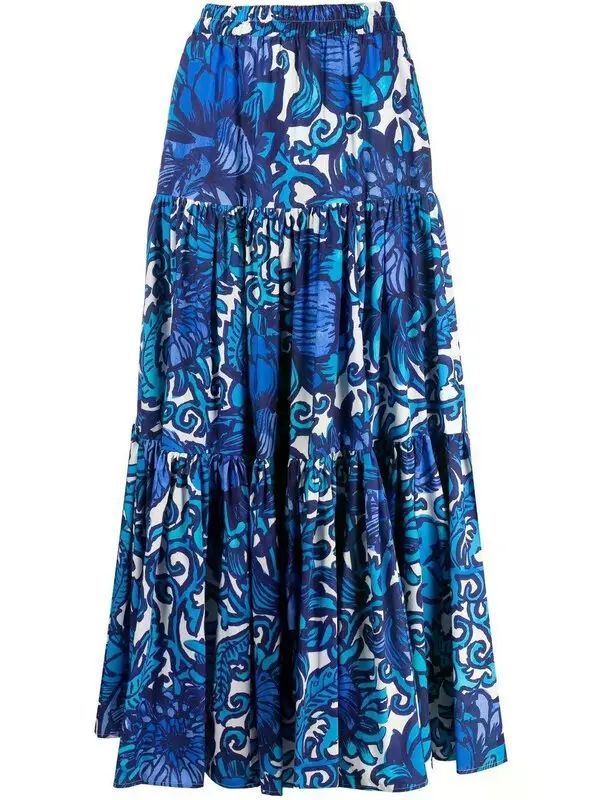 La DoubleJ Graphic-print Tiered Cotton Skirt - Blue