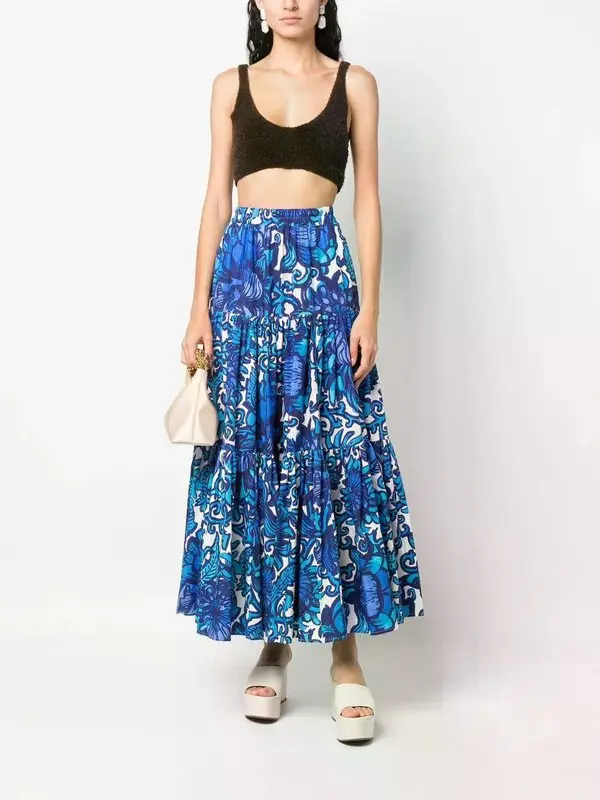 La DoubleJ Graphic-print Tiered Cotton Skirt - Blue