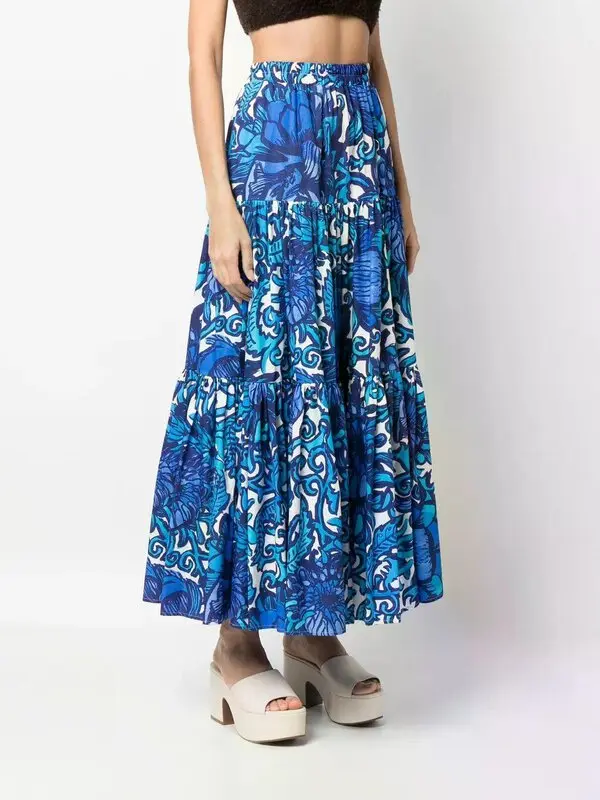 La DoubleJ Graphic-print Tiered Cotton Skirt - Blue