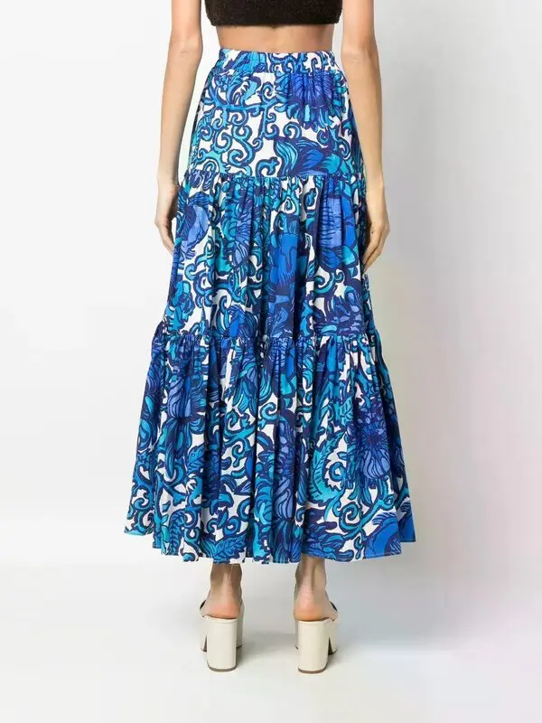 La DoubleJ Graphic-print Tiered Cotton Skirt - Blue