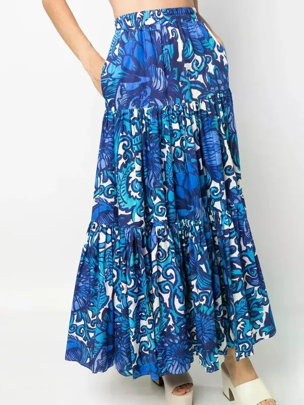 La DoubleJ Graphic-print Tiered Cotton Skirt - Blue