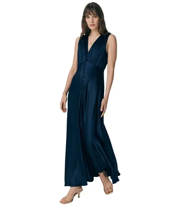 GHOST LONDON River V-neck Button Satin Maxi Dress - Blue