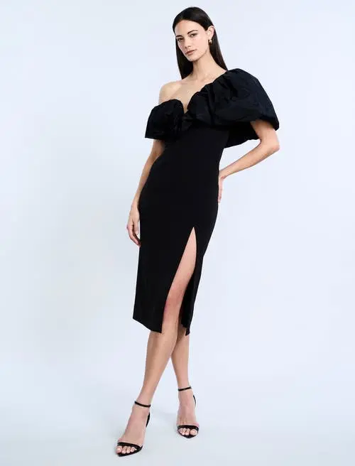Bcbgmaxazria One-shoulder Midi Dress With Ruffle Detail