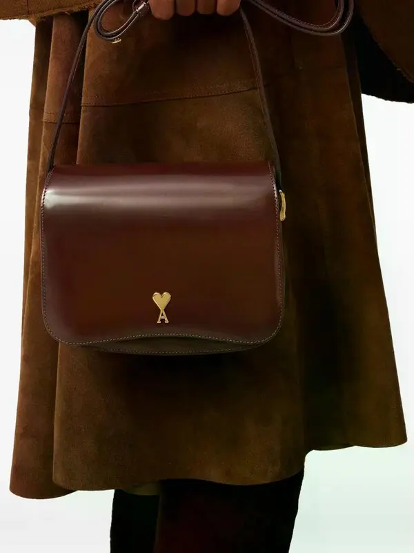 AMI Paris Calfskin Leather Shoulder Bag - Brown