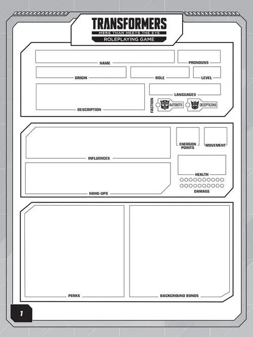 RENEGADE GAME STUDIOS Transformers Roleplaying Game Expanded Character Sheet Journal