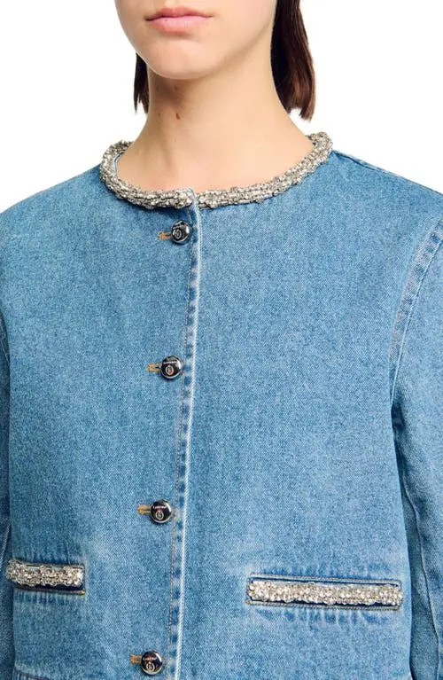 Sandro Rhinestone Trimmed Denim Jacket - Blue Jean