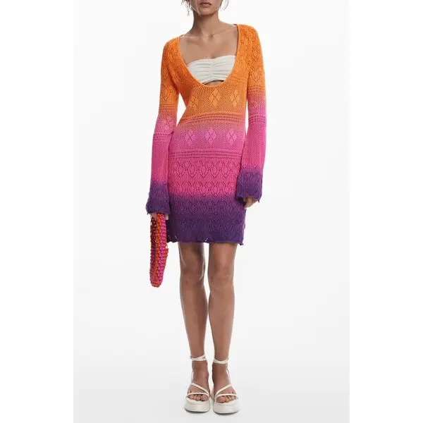Desigual Colorblock Long Sleeve Open Stitch Cotton Cover-up Dress - Orange