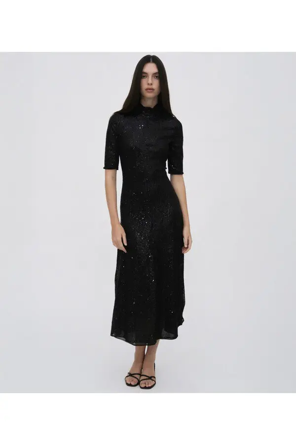 Rosetta Getty Sequin Mesh Zip-up Midi Turtleneck Dress - Black